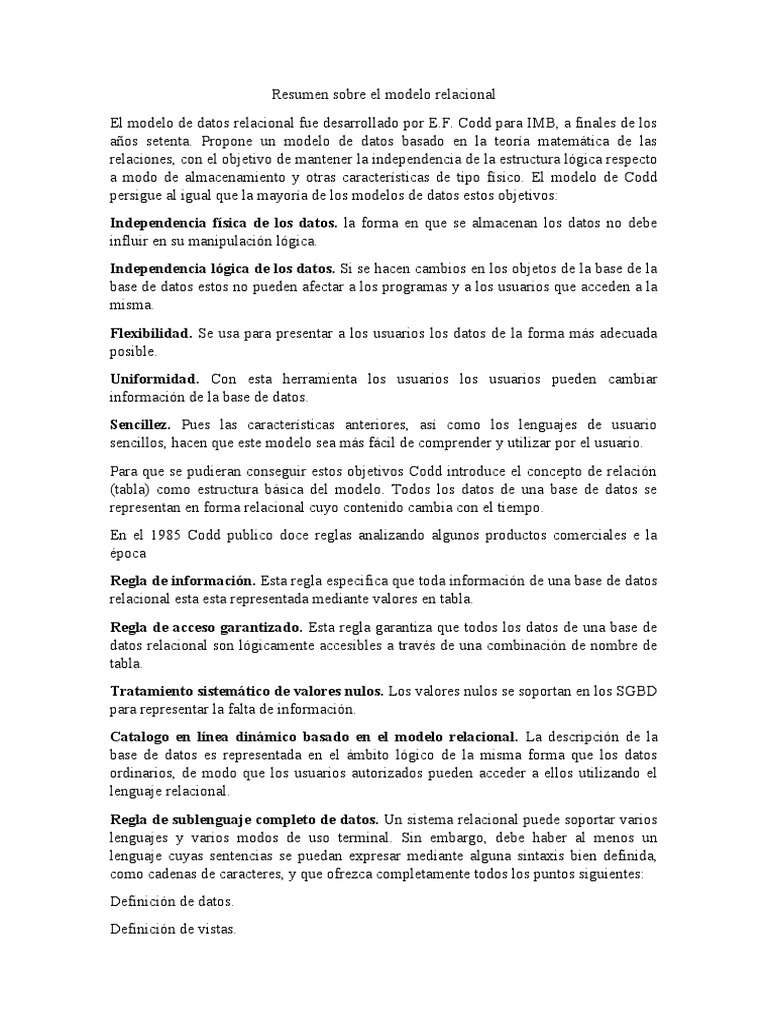 Resumen Sobre El Modelo Relacional | PDF | Bases de datos | Modelo relacional