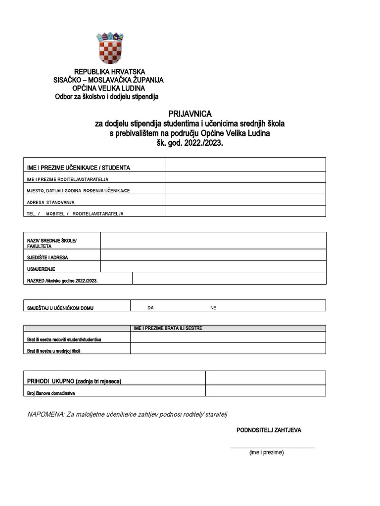 Prijavni - Obrazac Stipendije | PDF