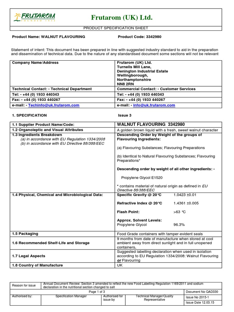 Specifications for Walnut Flavouring 3342980 | PDF | Nut (Fruit) | Specification (Technical ...