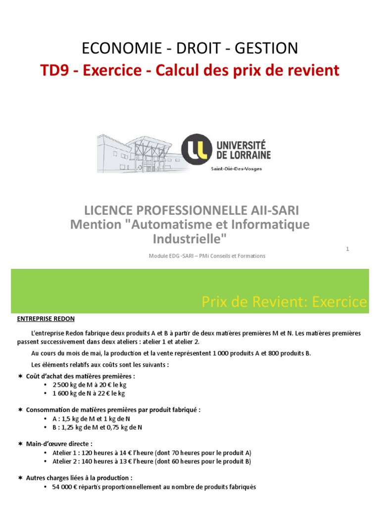 ENT TD6 CalculPrixRevient Exercice | PDF | Technologie et ingénierie