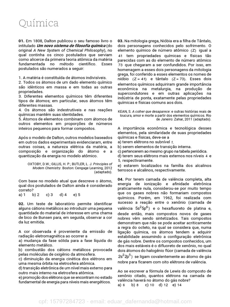 Apostila De Exercícios Química Pdf Ligação Química Radioatividade