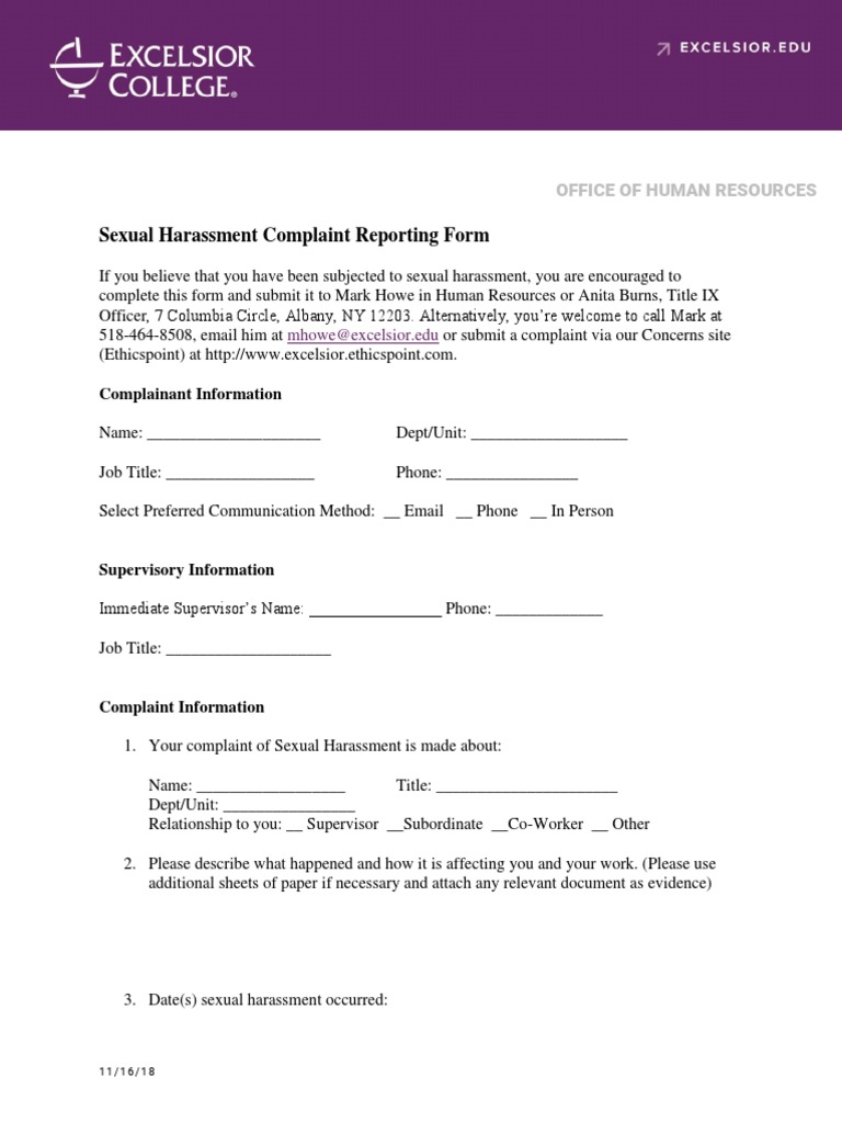 Sex Harassment Complaint Reporting Form 2018 | PDF | Sexual Harassment ...
