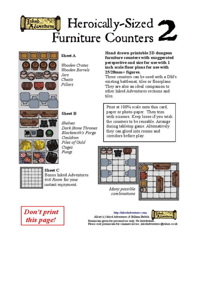 Printable 2D Dungeon Furniture Counters | PDF