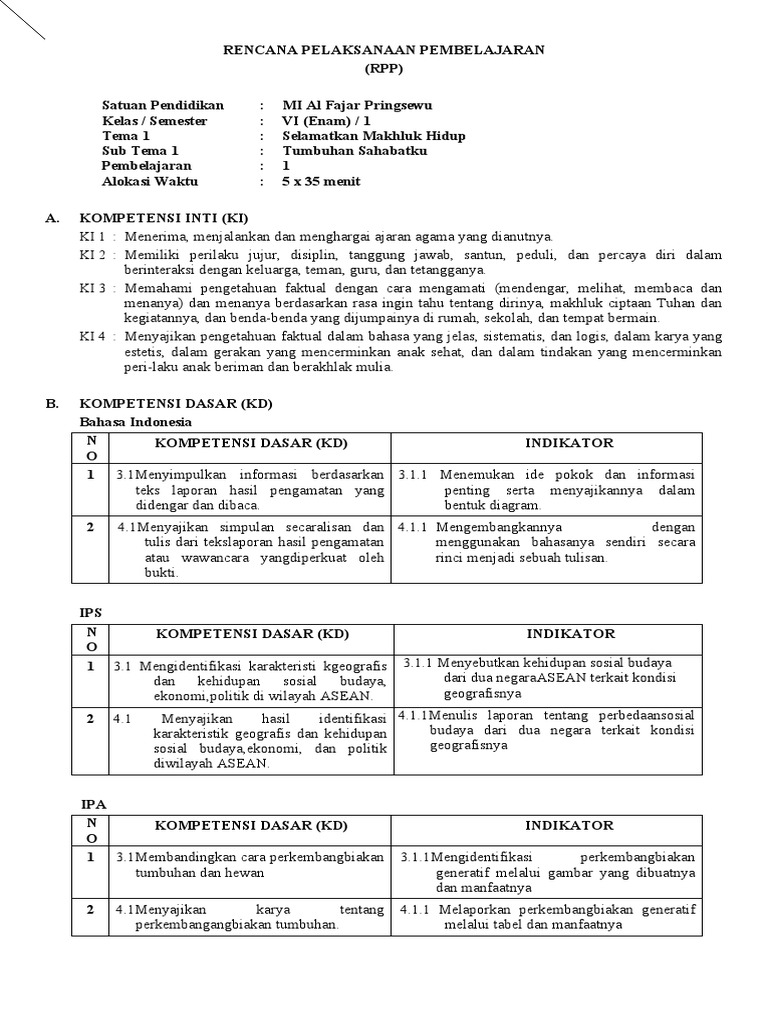 RPP Tema 1 Kelas 6 K13 Revisi 2018 - Tema Selamatkan Makhluk Hidup | PDF | Karier & Perkembangan ...