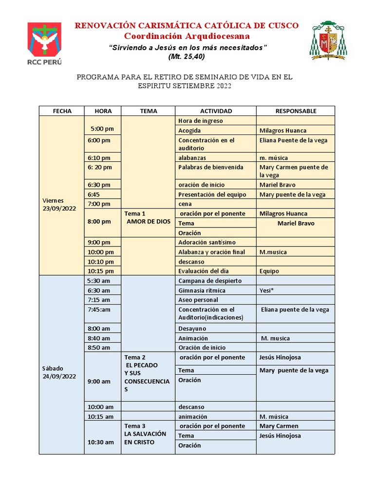 Programa del retiro de seminario de vida en el Espíritu: Renovación Carismática Católica de ...