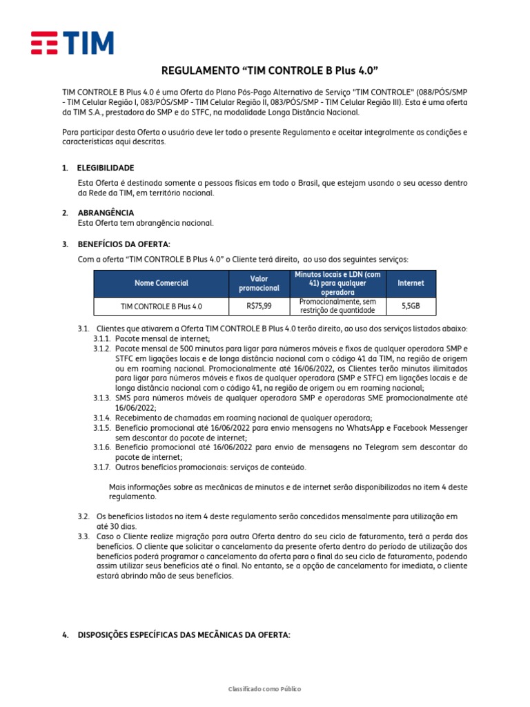 Regulamento TIM Controle B Plus 3.0 | PDF | Internet | Aplicativo para ...