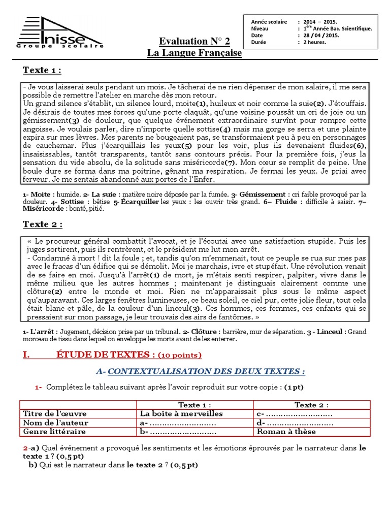 Devoir 2 Modele 4 Francais 1er Bac Semestre 2 | PDF