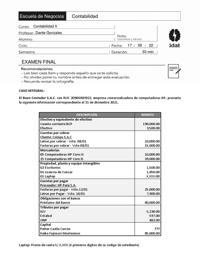 Examen Final - Contabilidad II | PDF | Contabilidad | Dinero