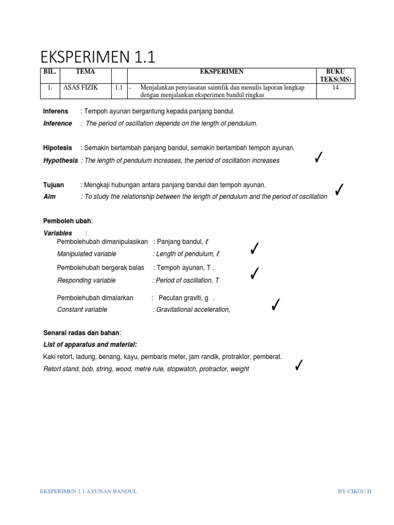 Amali Fizik Tingkatan 4 - Eksperimen 1.1 | PDF | Pendulum | Quantity