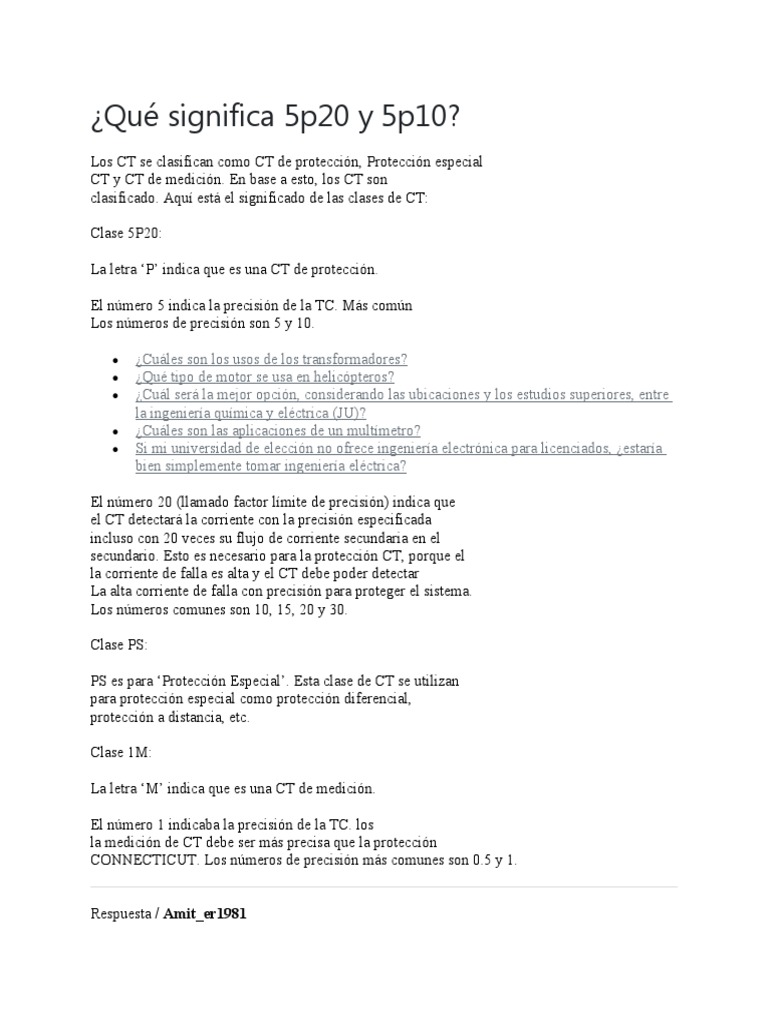 Significado de clases de CT 5P10, 5P20 y PS | PDF | Medición ...