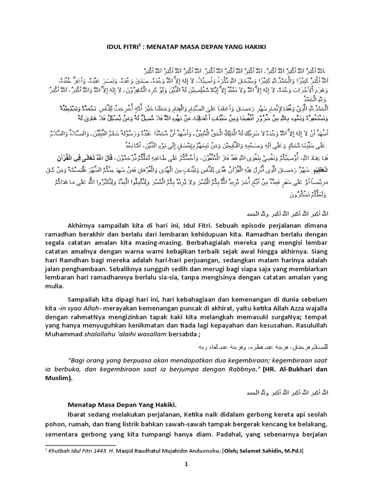 Teks Khutbah Idul Fitri 1443 H - Menatap Masa Depan Yang Hakiki | PDF
