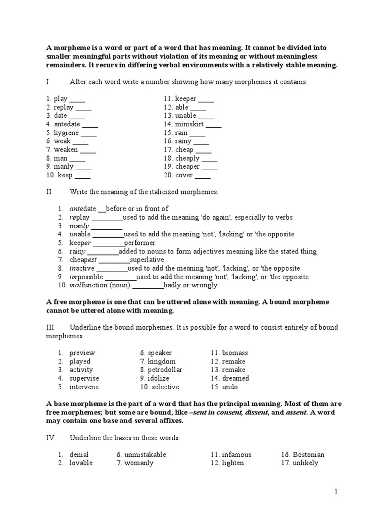 Morpheme Exercises Stageberg | PDF | Adjective | Word