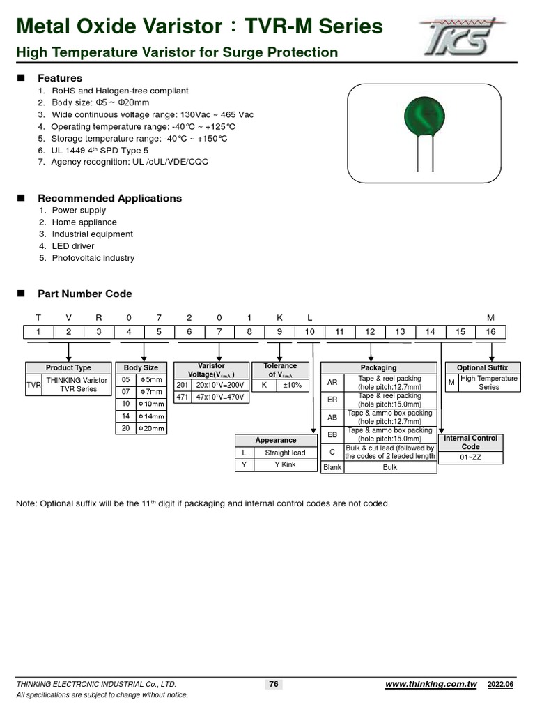 TVR-M Series Varistor Specifications | PDF | Equipment | Electrical ...