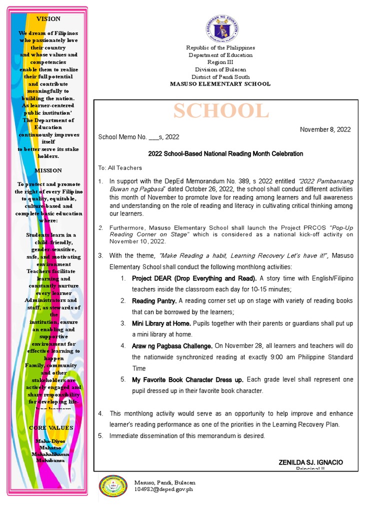 MEMO 2022 School Based National Reading Month | PDF | Learning | Teaching