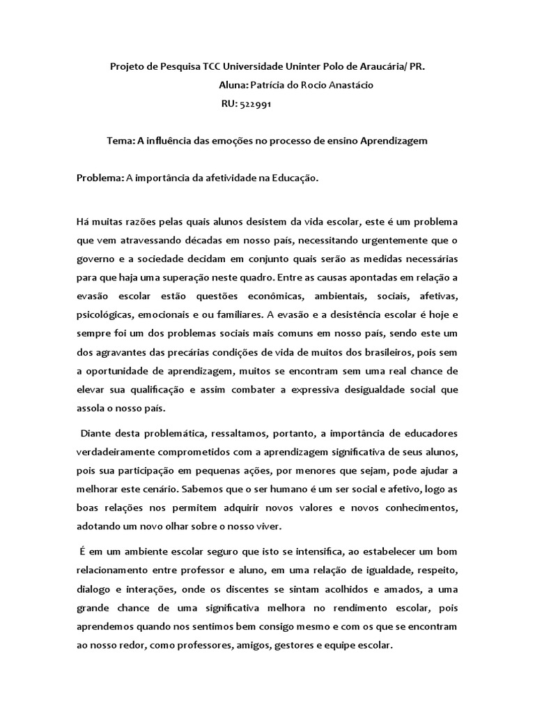 A Influência Das Emocões No Processo De Aprendizagem Escolar Tcc Pdf