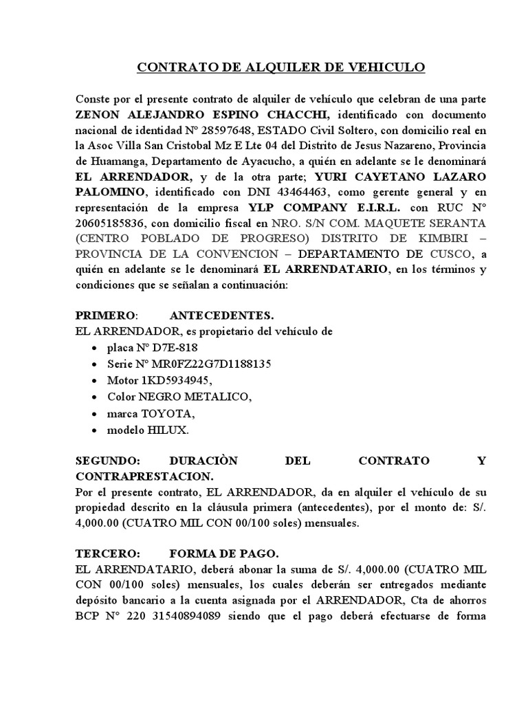 Contrato de Alquiler Vehiculo | PDF