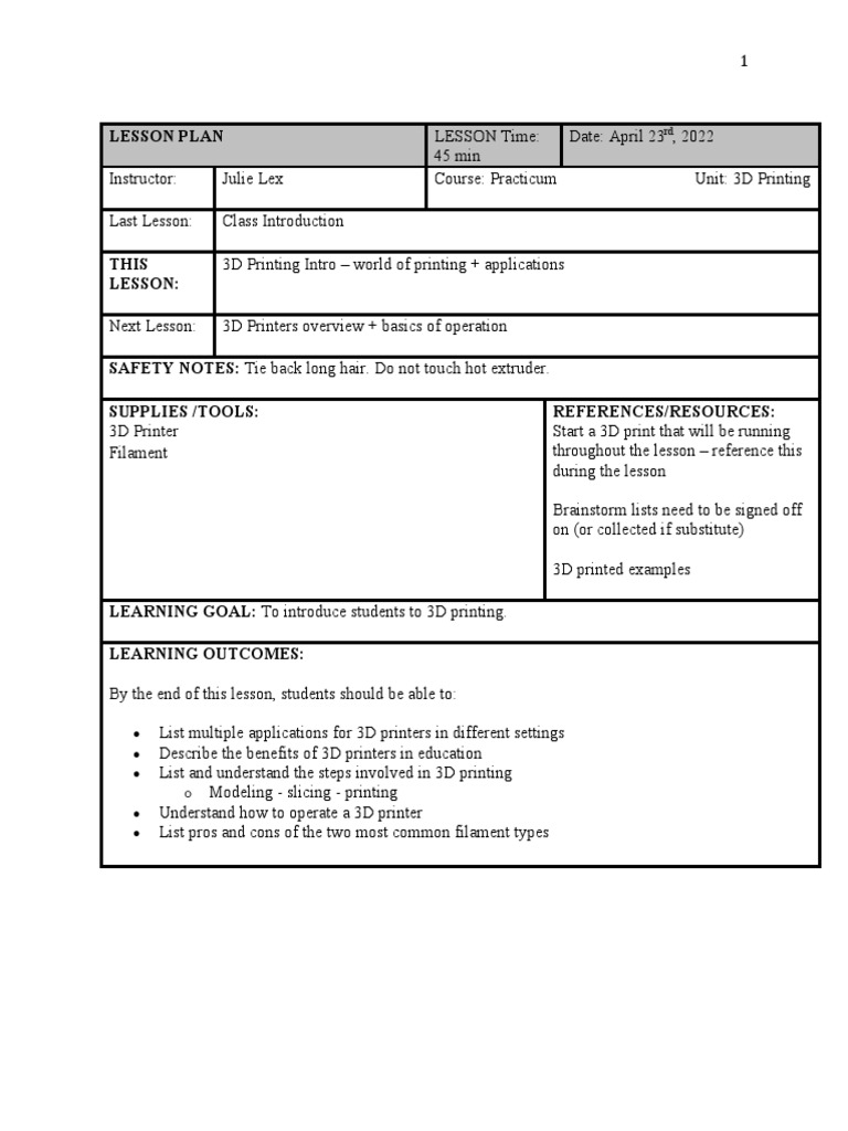 Lesson Plan 3d Printing - World of Part 1 | PDF | 3 D Printing | Lesson ...