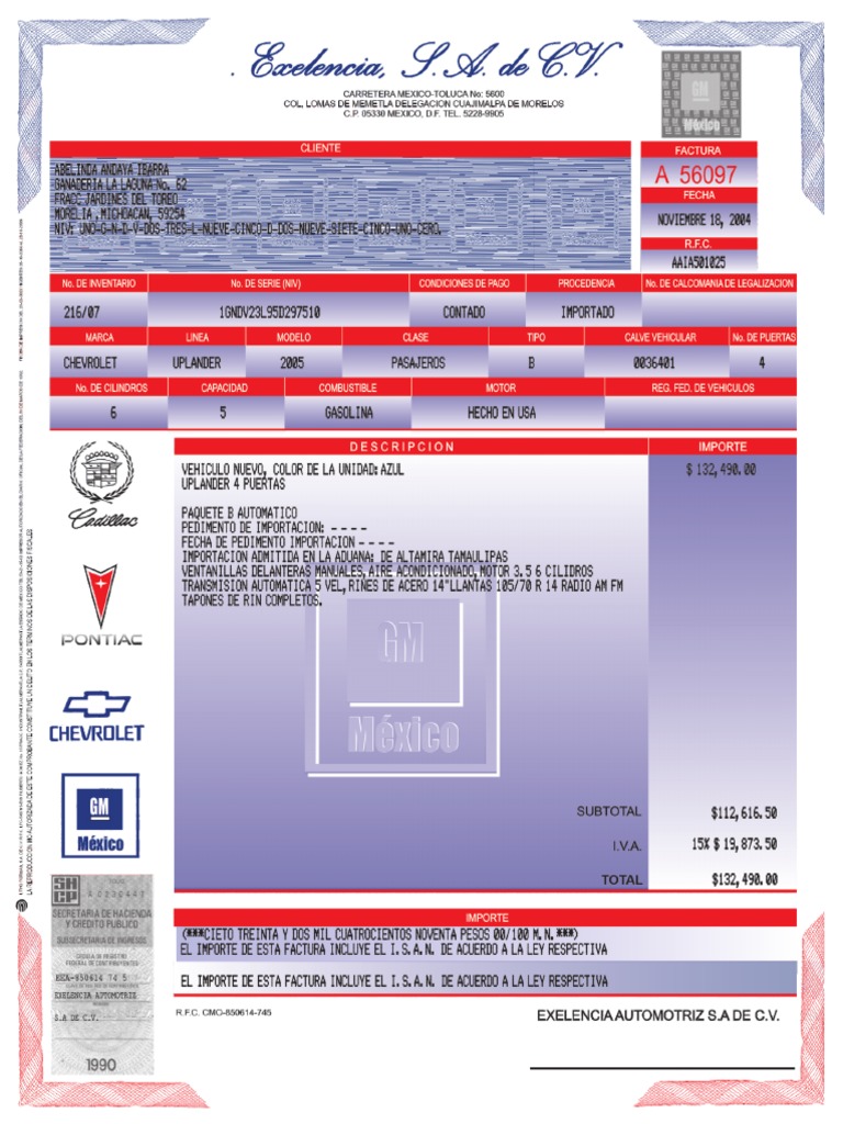 Factura Chevrolet Uplnader | PDF