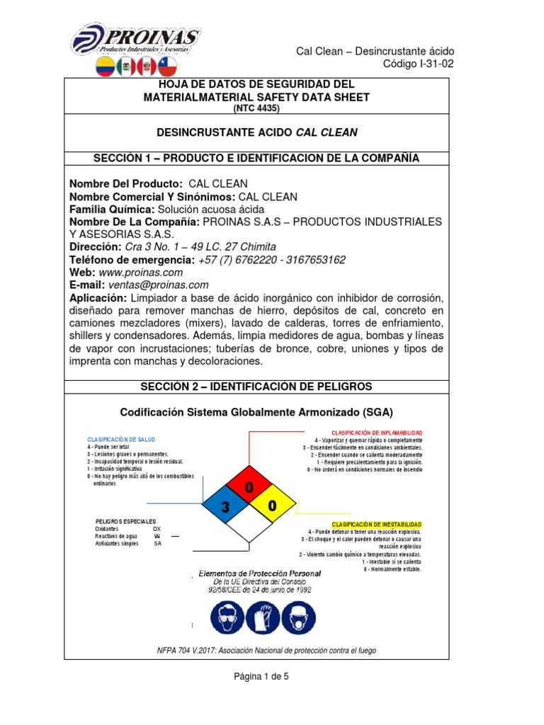 Hoja de datos de seguridad de Cal Clean - Desincrustante ácido | PDF | Agua | Ciencias fisicas