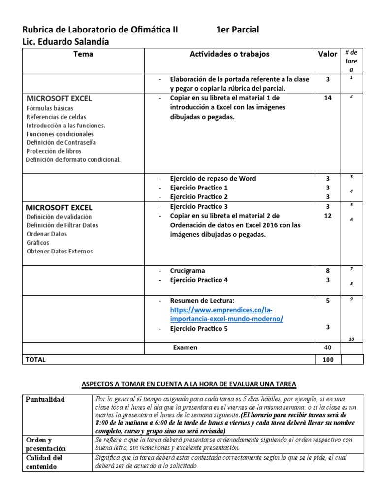 Rubrica de Laboratorio de Ofimática II Primer Parcial | PDF | Microsoft Excel | Informática