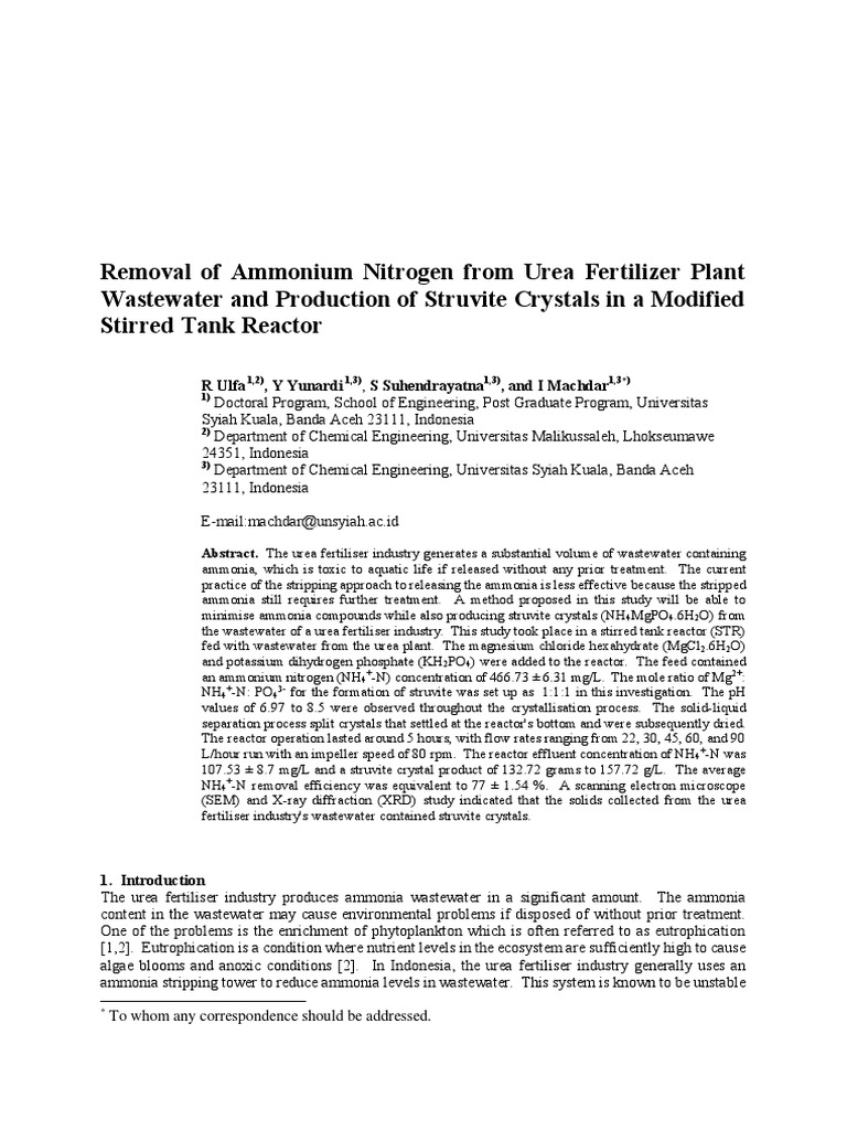 Removal of Ammonium Nitrogen From Urea Fertilizer Plant Wastewater and ...