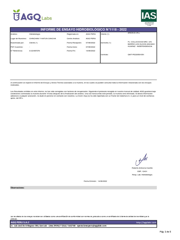 Informe de Ensayo Hidrobiológico N°1118 - 2022: Agq Peru S.A.C | PDF | Taxa | Organismos