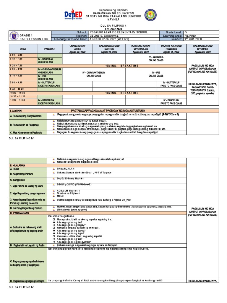 Q1-WK1 Dll-Filipino 4 | PDF