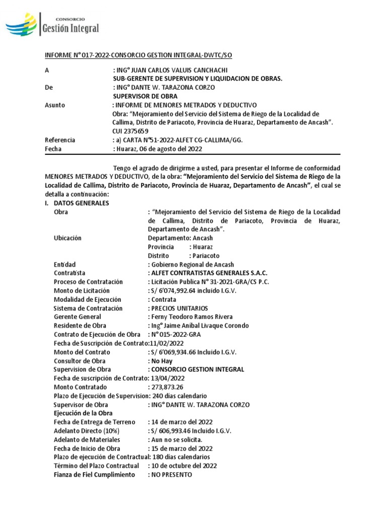 INFORME #17 (Aprobacion de Ampliacion de Plazo #01) | PDF | Hormigón | Arquitectura