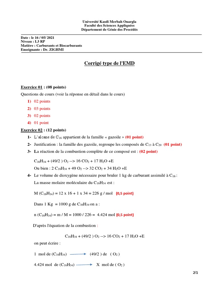 Corrigé Type EMD - C16H34 et Combustion | PDF | Monoxyde de carbone ...