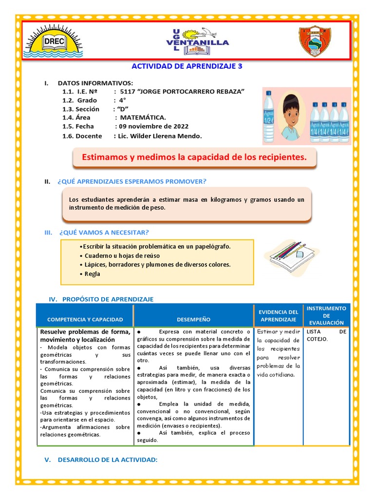 D3 A2 SESION Estimamos y Medimos La Capacidad de Los Recipientes. | PDF ...