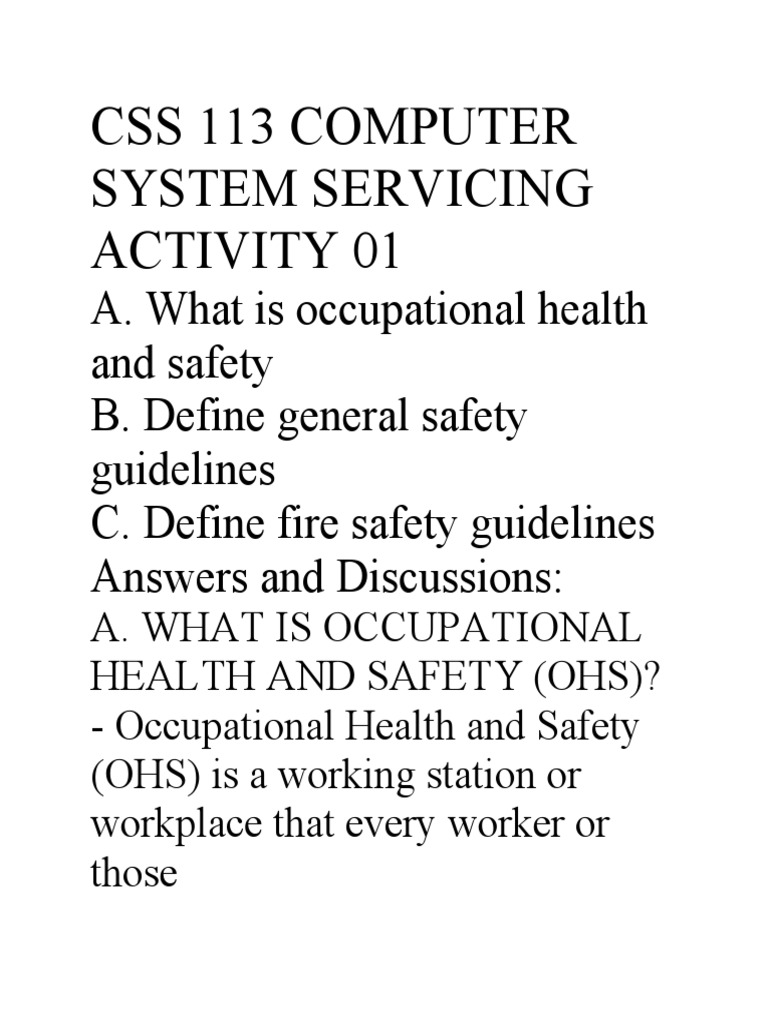 Css 113 Computer System Servicing Activity 01 Pdf Occupational Safety And Health Safety 