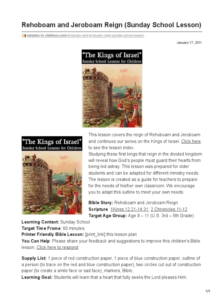 Rehoboam and Jeroboam Reign Sunday School Lesson | Download Free PDF ...