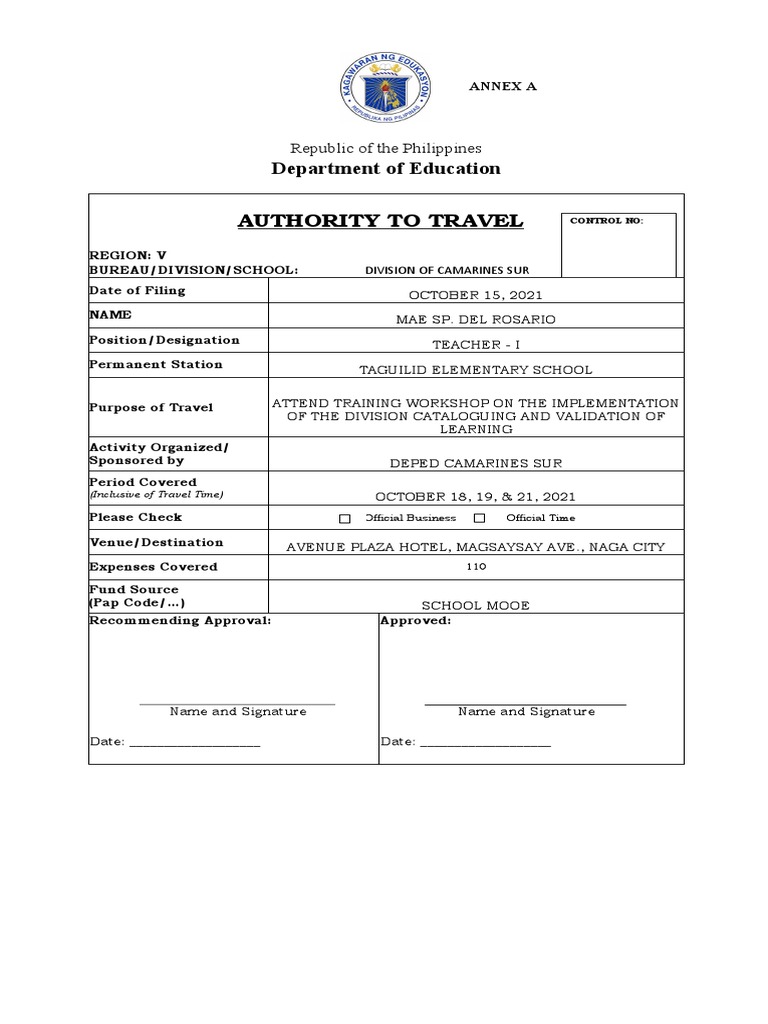 Request for Travel Authorization and Locator Slip for Teacher Mae Del ...