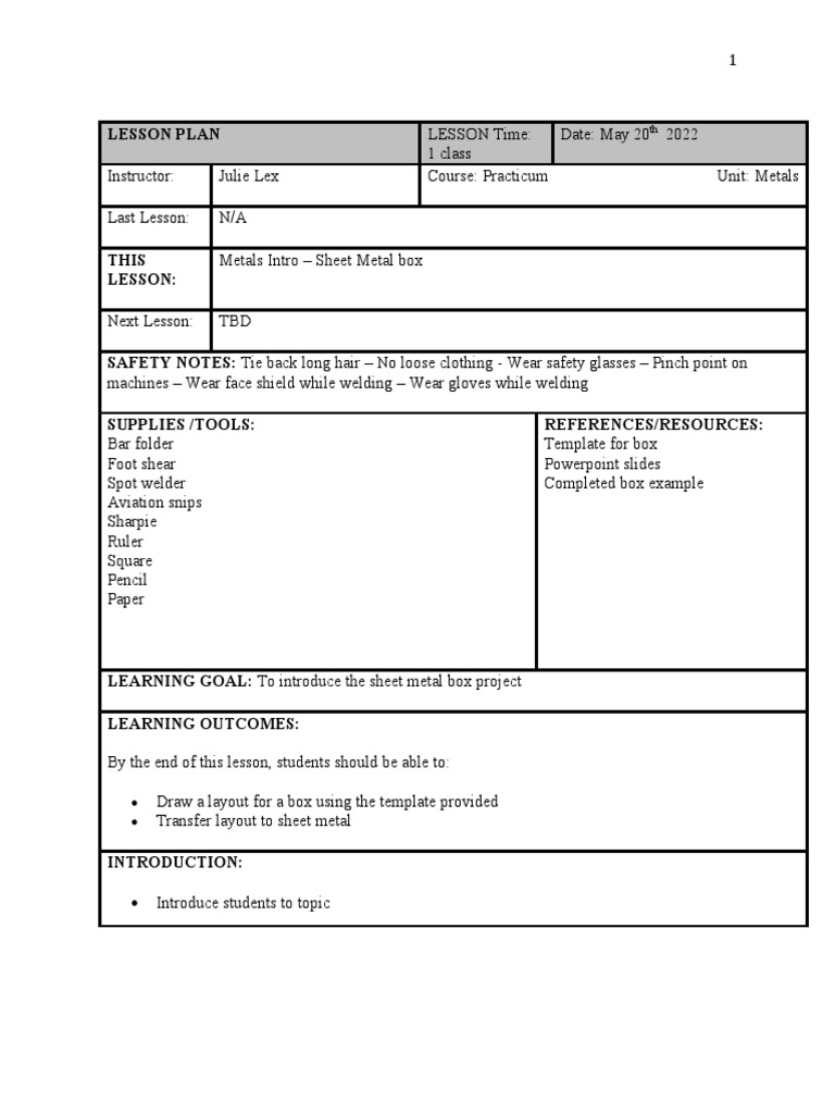Lesson Plan - Sheet Metal Box | PDF