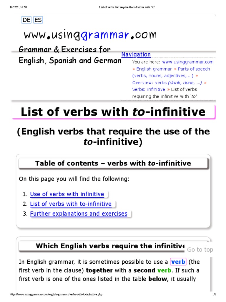 List of Verbs That Require The Infinitive With To' | PDF | English ...