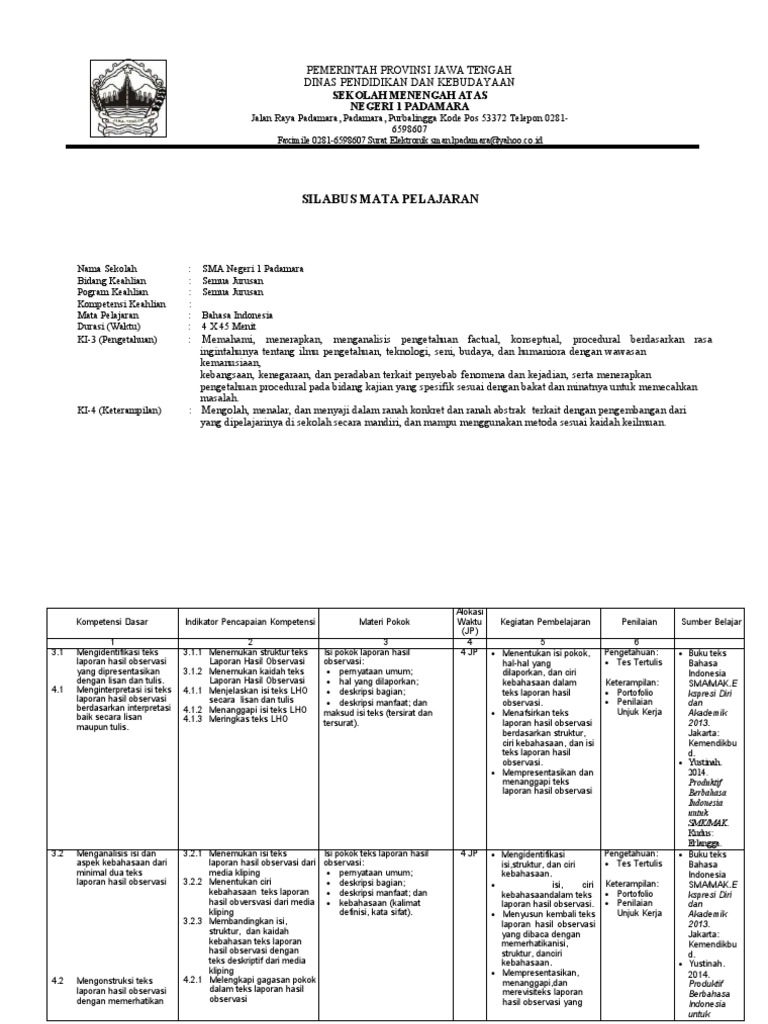 Silabus Bahasa Indonesia Kelas 10 SMA-MA 2021 | PDF