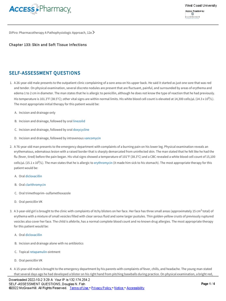 CH 133: Skin and Soft Tissue Infections Self-Assessment Questions | PDF ...