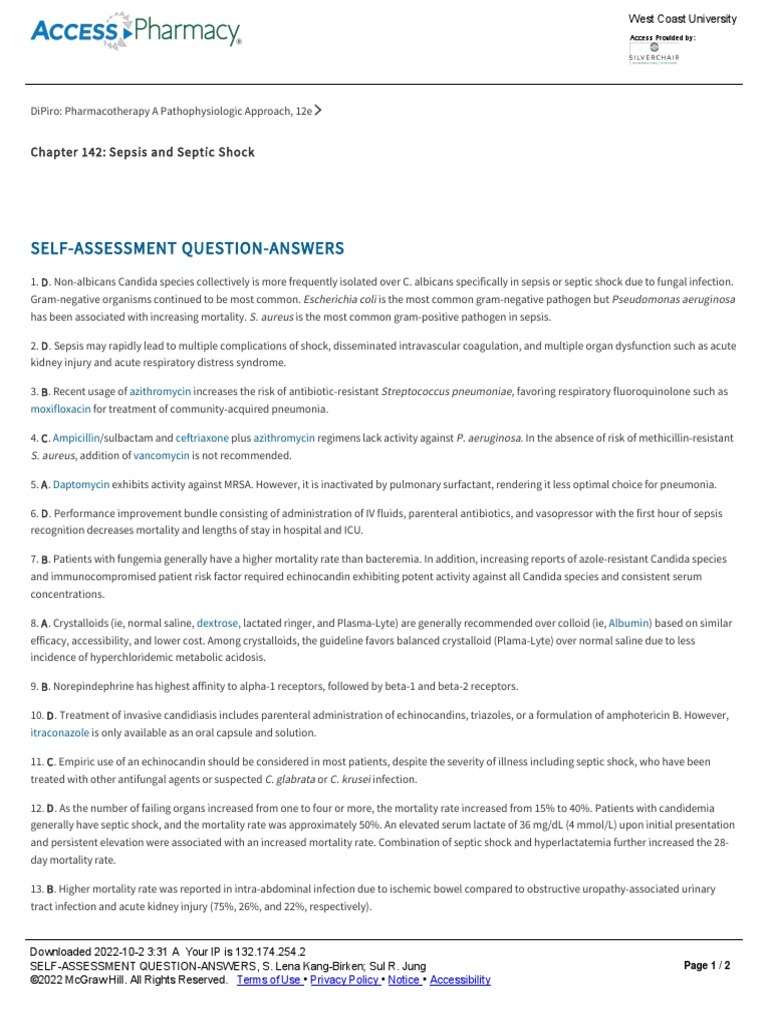 CH 142: Sepsis and Septic Shock ANSWERS | PDF | Sepsis | Pneumonia