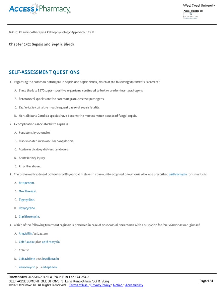 CH 142: Sepsis and Septic Shock Self-Assessment Questions | PDF ...