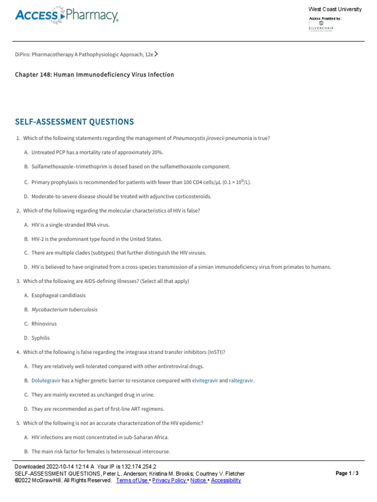 CH 148: Hiv Self-Assessment Questions | PDF | Hiv | Management Of Hiv/Aids
