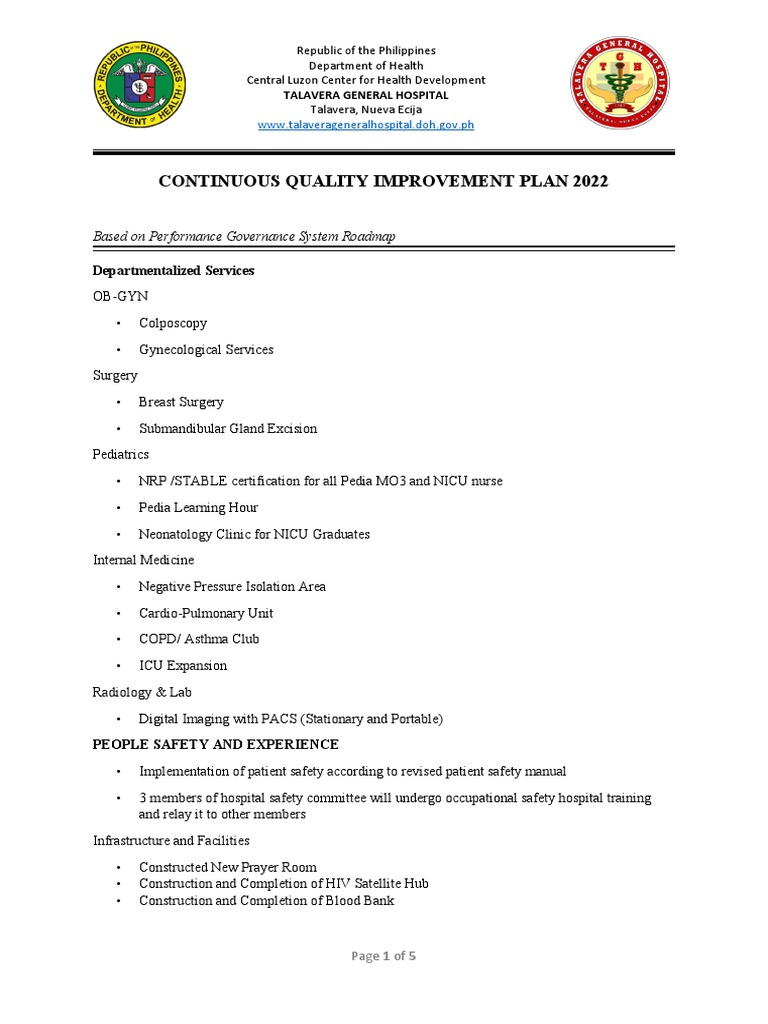 CONTINUOUS QUALITY IMPROVEMENT PLAN 2022 Draft | PDF | Health Care ...