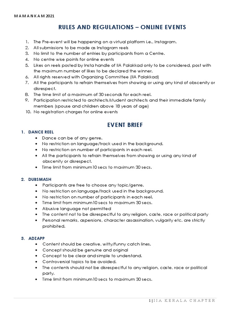 IIA Kerala Mamankam 2021 Event Rules | PDF | Travel | Art