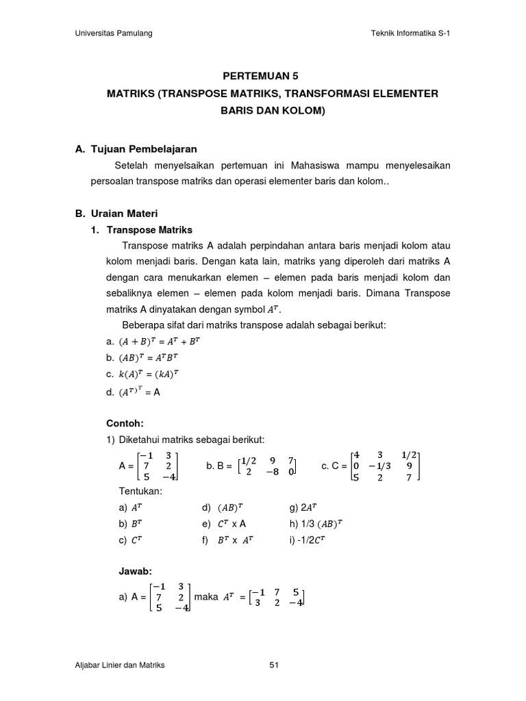 Transpose Matriks dan Transformasi Elementer | PDF | Metode & Bahan Ajar
