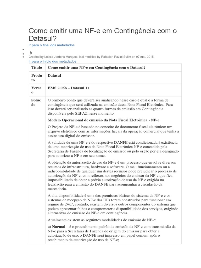 Emissão NF-e Contingência Datasul | PDF | Recibo