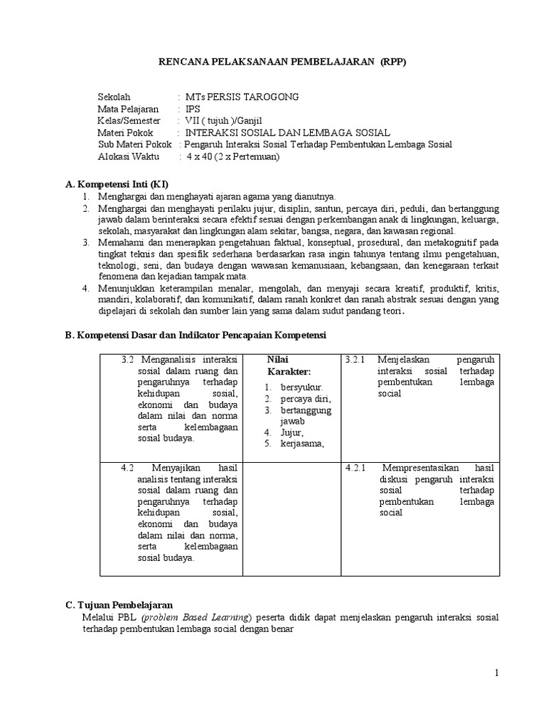 RPP Lembaga Sosial PBL | PDF