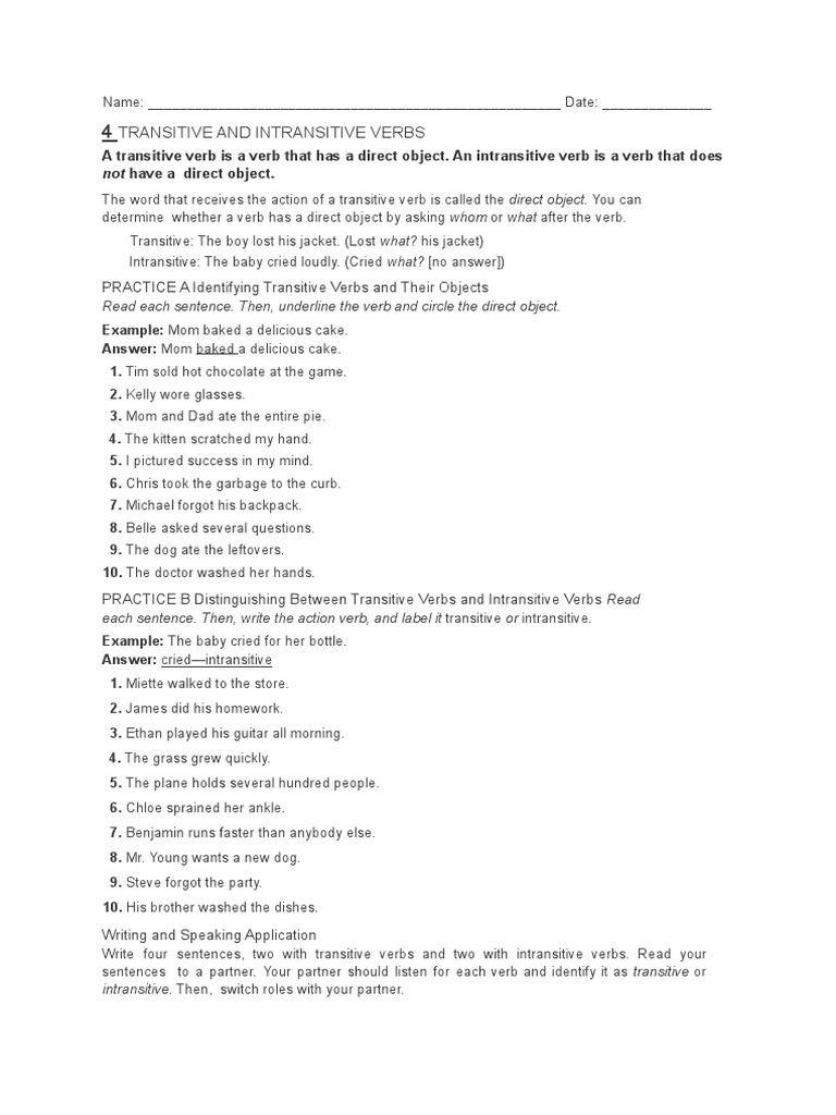 Transitive and Intransitive Verbs Guide | PDF | Language Arts ...