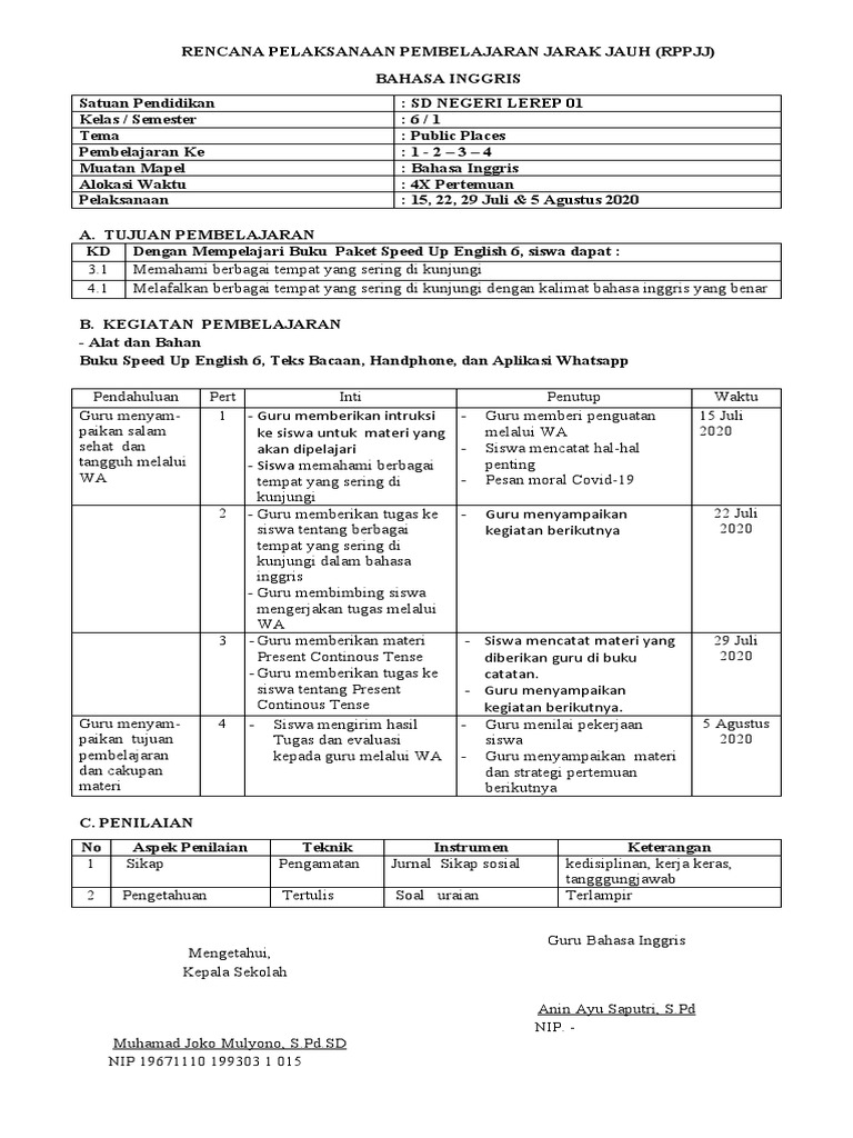 RPP 1 Lembar Kelas 6 Semester 1 | PDF