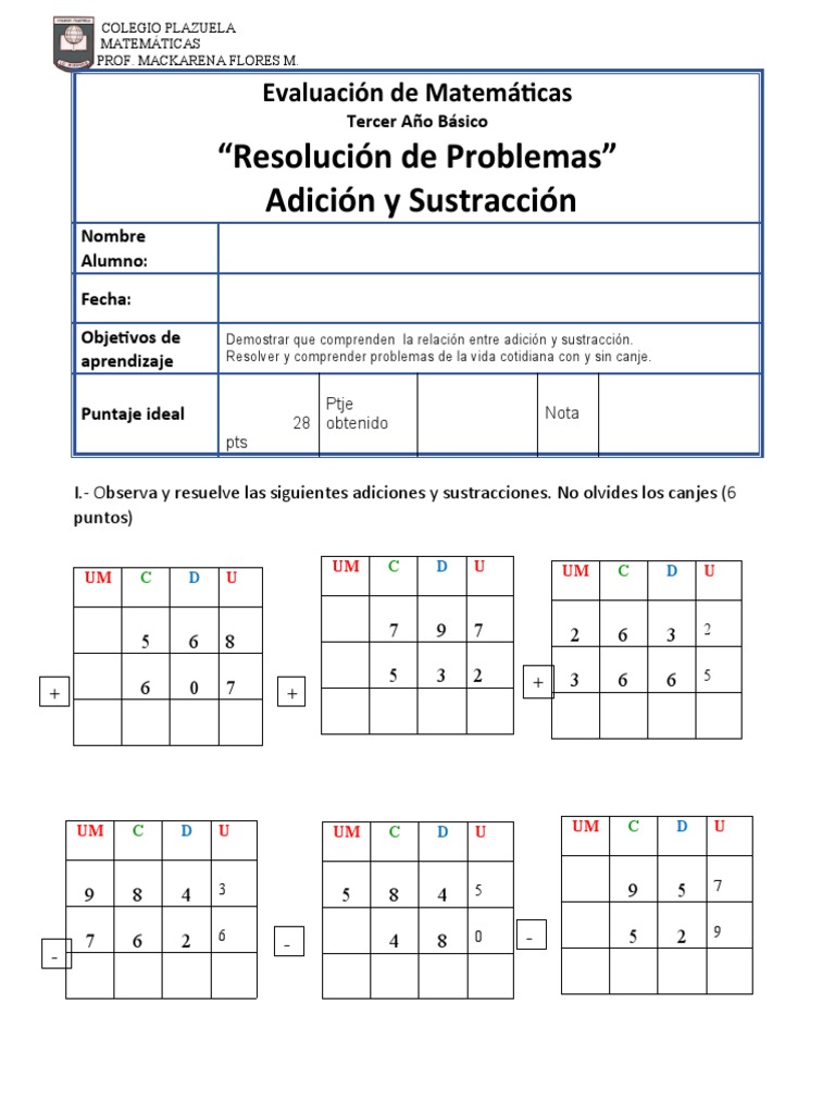 Prueba Resolución de Problemas - Adición y Sustracción | PDF