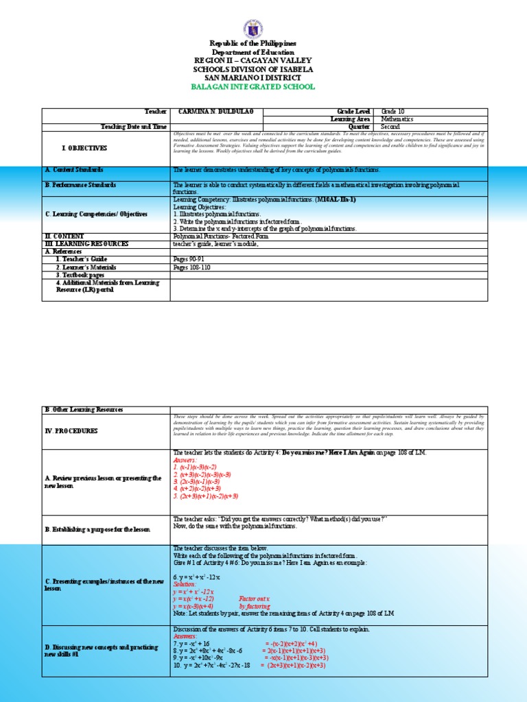 DLL Math 10 Q2 D2 | PDF | Learning | Teachers