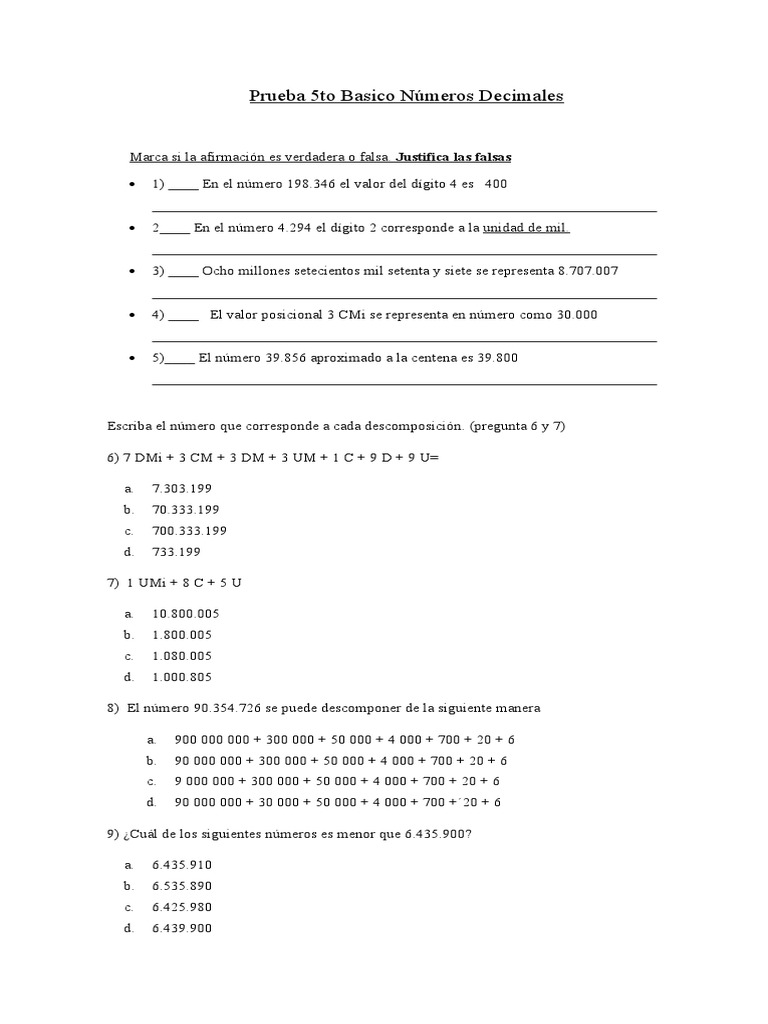 Prueba 5to Básico Numeros Decimales | PDF | Decimal | Lexicología